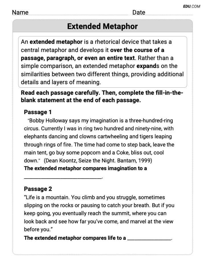 Engaging Extended Metaphor Practice Worksheet – Grade 7 | EDU.COM